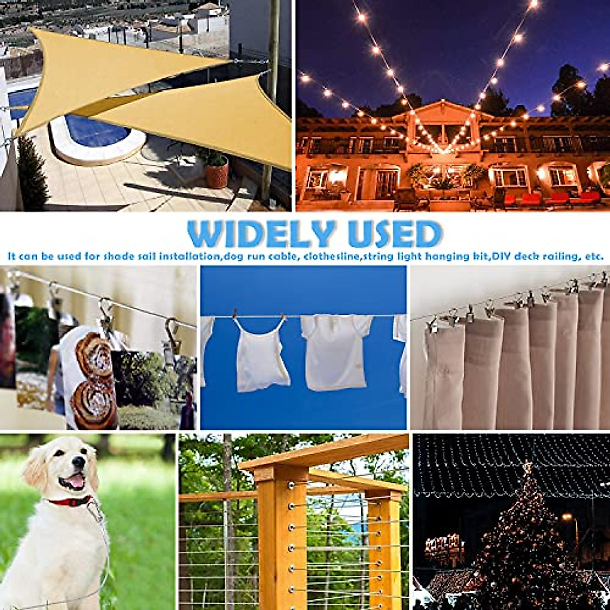 HDYAR 84 Pcs Sun Shade Sail Hardware Kit with Cable Wire Rope for Rectangle Square Triangle Shade Sail Installation, 6 inch 304 Grade Stainless for Garden,Outdoors,DIY Crafts,Railing