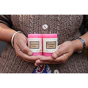 Touch Nature Rose Essential Oil Scented Aromatherapy Fragrant Pink Handmade Candle. Hand Poured Rustic Home Décor Pillar Candles. Decorated with Handmade Nepali Lokta Paper. (5x7 cm, Set of 2)