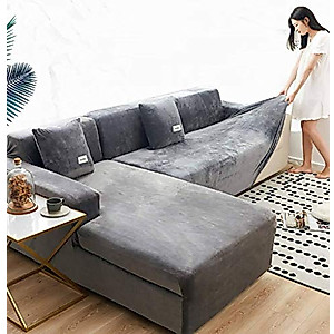 IMYOGI High Stretch Sofa Covers Thick Sofa Covers 1/2/3 Seater Velvet L Shape Sofa Slipcover Easy Fit Stretch Elastic Fabric Sofa Couch Furniture Protector-4 Seater+4 Seater-Lake Blue