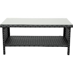 Outdoor Wicker Coffee Table Patio Furniture Garden Rattan 2-Layer Glass Table with Storage and Furniture Cover, Black