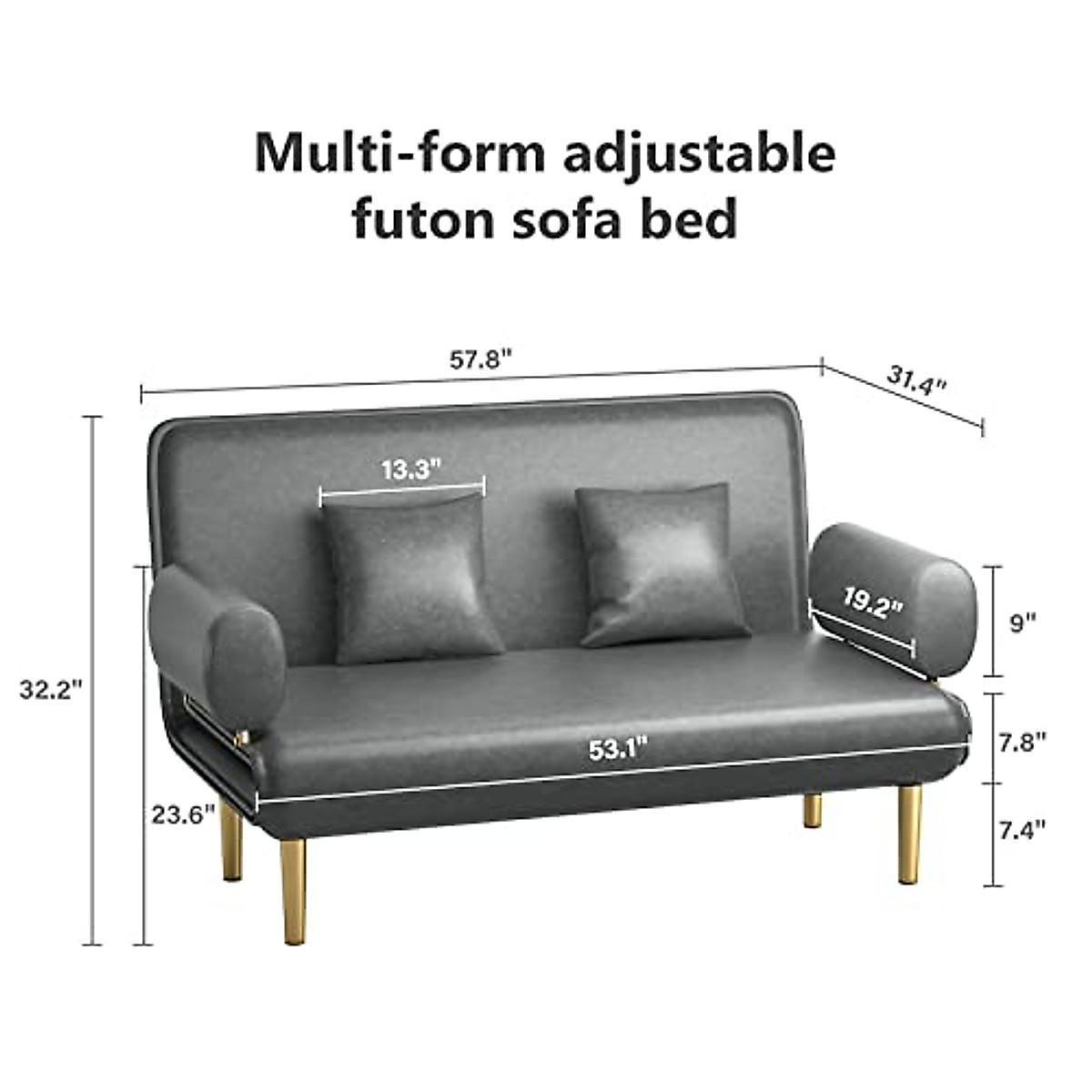 CIZIG Futon Sofa Bed,74.8" L Convertible Sleeper Sofa with Tapered Steal Leg,Adjustable Back Rest Couch,Loveseat Sofa Bed, Small Leather Twin Sofa for Living Room,Bedroom,Movie Night,Grey
