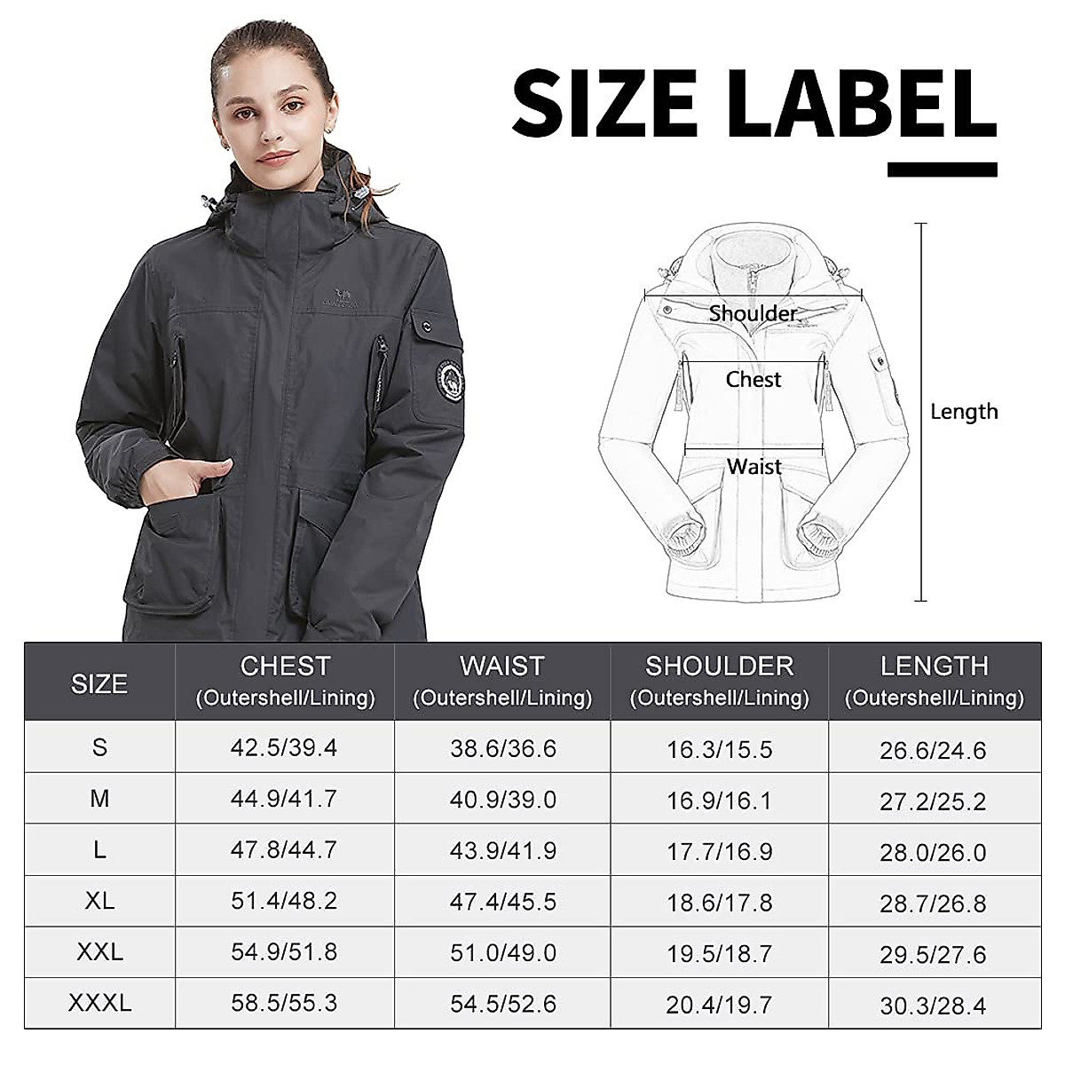 CAMEL CROWN Womens Waterproof Ski Jacket 3-in-1 Windbreaker Winter Coat Fleece Inner for Rain Snow Outdoor Hiking(Dark Grey, Medium)