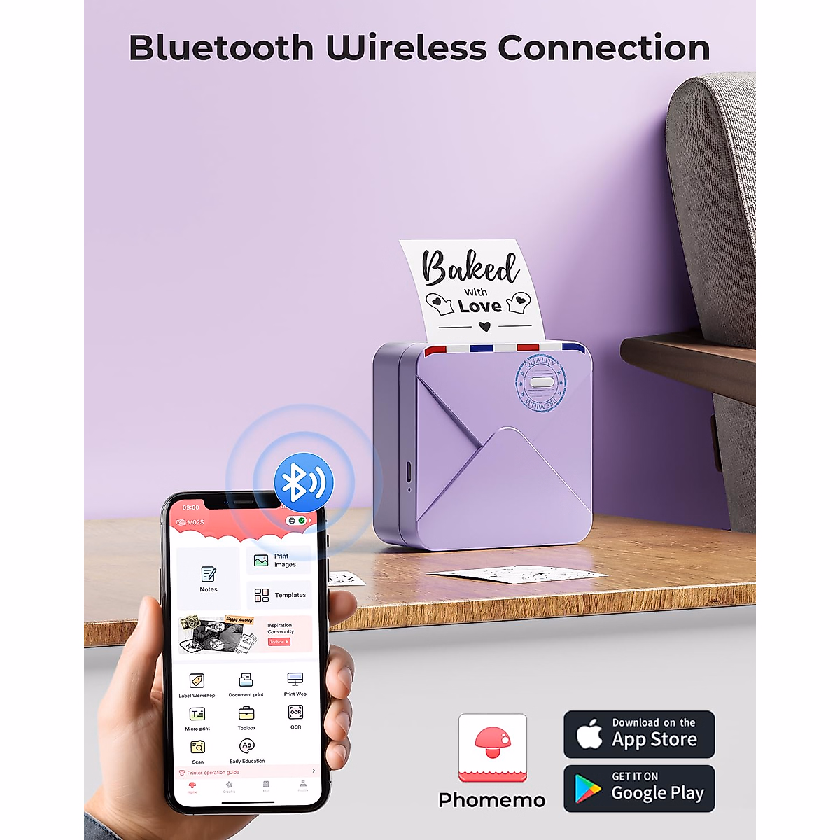 COLORWING M02S Pocket Mini Printer-Bluetooth Thermal Photo Mini Printer 300DPI,Thermal Sticker Printer for Study Notes, Photo, Organization, Gift, Compatible with iOS and Android