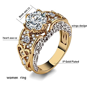Ringcrown 2 Rings Couple Rings Matching Ring Bridal Sets 10kt Gold Plated AAA Cz Womens Wedding Ring Wing Ring Tungsten Man Wedding Bands