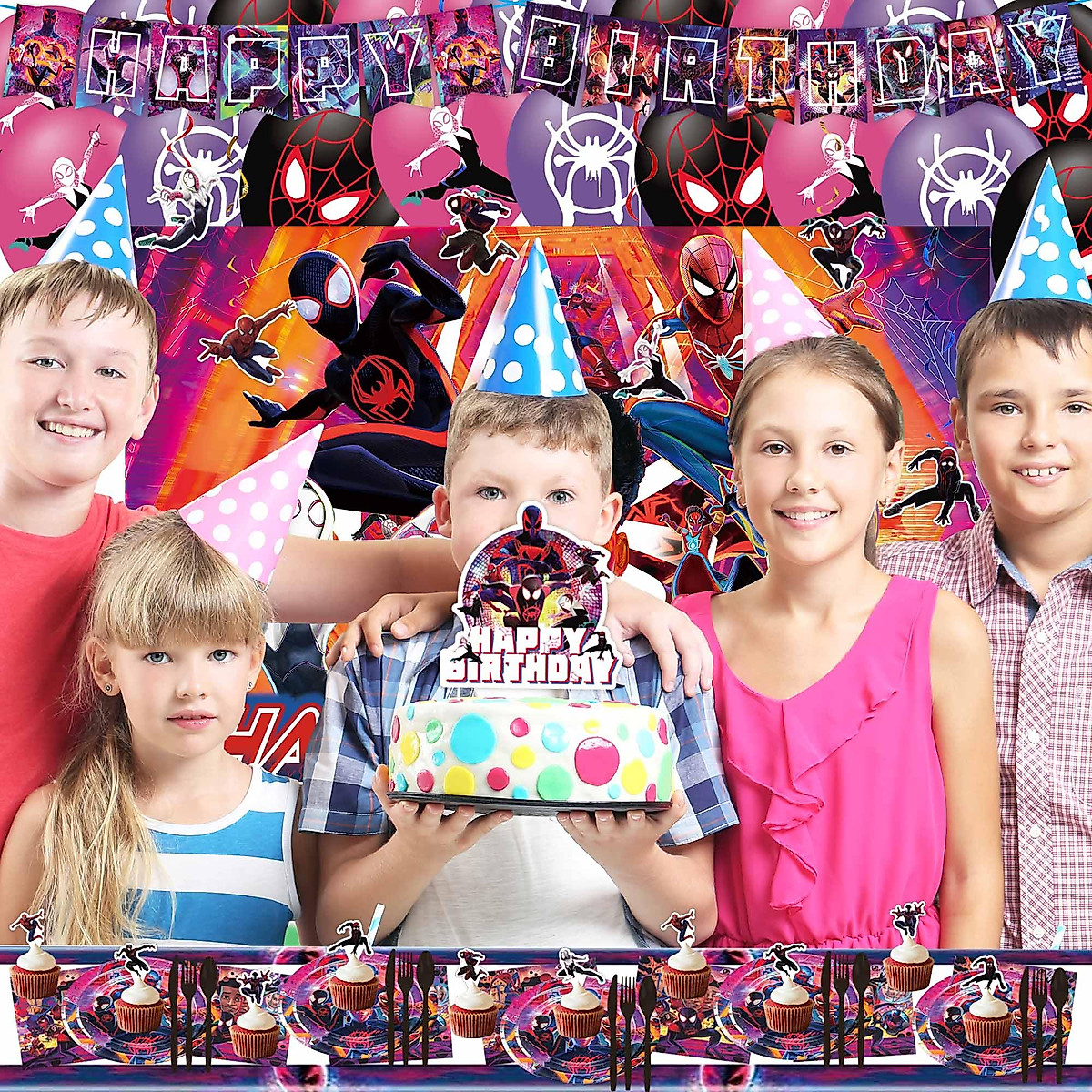 Miles Morales Birthday Party Supplies, Miles Morales Party Decoration Include Banner, Backdrop, Hanging Swirls, Balloons, Tablecloth, Cake Toppers, Tableware, Miles Morales Party Favors