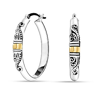 LeCalla 925 Sterling Silver Bali-Style Hoop Earrings Jewelry Lightweight Two-Tone O Shape Antique Bali Hoop Earrings for Women - 30MM