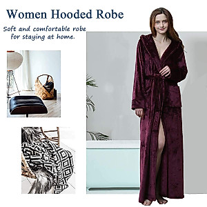 Hellomamma Long Hooded Robe for Women Luxurious Flannel Fleece Full Length Bathrobe Winter Warm Pajamas Shower Nightgown Wine Red X-Large