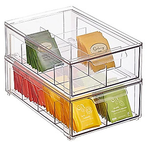 mDesign Plastic Kitchen and Pantry Organizer with Divided Drawer - Stackable Bin with 8 Sections for Tea and Snack Food - Perfect for Organizing Cabinet, Fridge - Lumiere Collection - 2 Pack - Clear