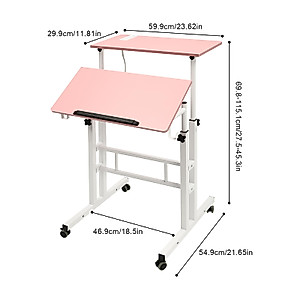 LEYSRIS Mobile Standing Desk Stand up Computer Desk Workstation with Universal Wheels, Adjustable Height Dual Desktop Tilting Panel Rolling Computer Cart with 2 USB Interfaces and 2 Sockets (Pink)