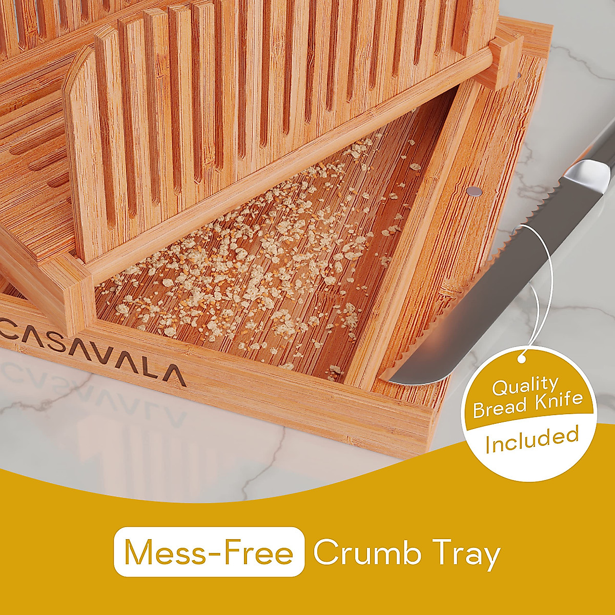 Bamboo Bread Slicer | Bread Loaf Slicing Machine With Crumbs Tray | Easy To Use Foldable Bread Cutter | Adjustable Slice Sizes | Bread Cutting Guide With Sharp Bread Knife & Storage Bag