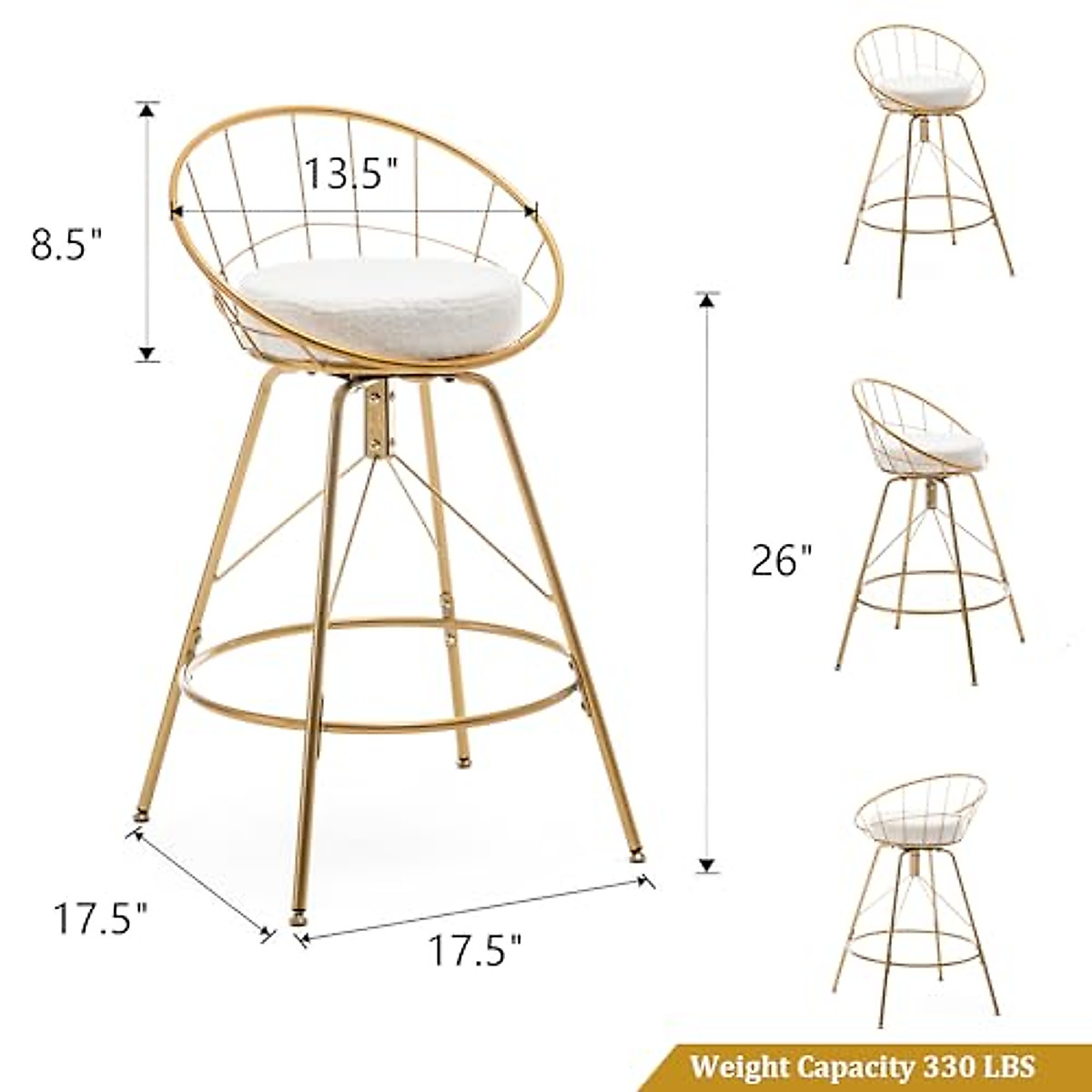 Aklaus 26" Sherpa Boucle Bar Stools Set of 2 Swivel Counter Height Bar Stools with Round Seat,Gold Bar Stools with Backs,Modern Teddy White Barstools,Kitchen Island Dining Bar Stools Chairs