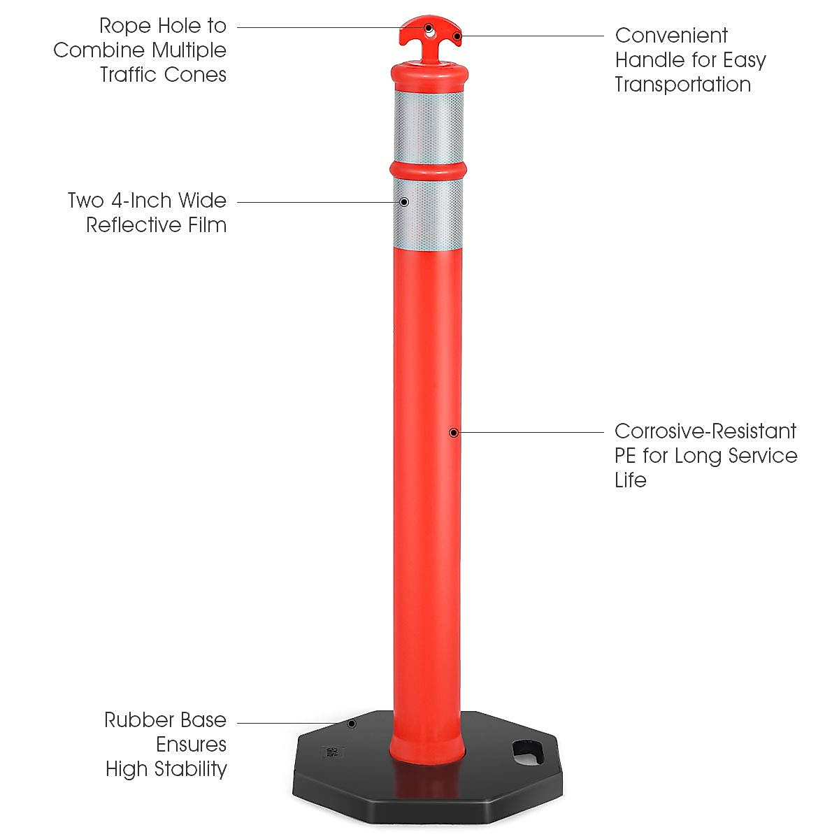 Goplus 45" Delineator Post Cone, 6 Pack Traffic Cone Safety Barrier with 4" Reflective Collars, 10lbs Octagonal Rubber Base, Perfect as Parking Posts, Construction Cones, Street Stanchions