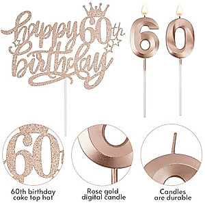 60th Birthday Decorations, Birthday Crown Set Includes Rose Gold Shoulder Strap, Cake Insert Plaque, 60th Font Candle, Kraft Greeting Card, and Simulated Roses Perfect for Women/Girls Birthday Party!
