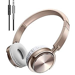 Nasuque Headphones with Microphone, Foldable Wired Headphones with Deep bass, Adjustable Headband and Noise Isolation for Smartphone Computer Laptop Chromebook MP3/4, (Gold)