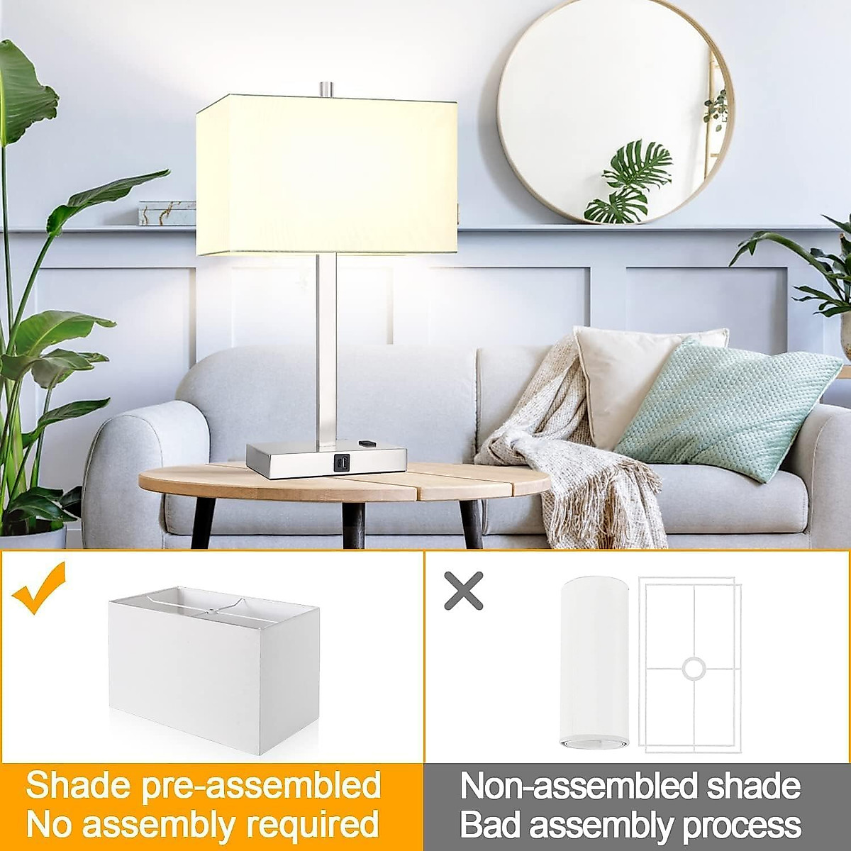 【Upgraded】21" Set of 2 Bedside Touch Control Table Lamp with USB A+C Charging Ports & AC Outlet, 3-Way Dimmable Modern Nightstand Lamp With White Shade for Bedroom, 2700K LED Bulbs Included