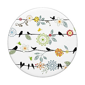 Cute Birds Black On Wires A Vintage Flowers Leaves On White PopSockets Grip and Stand for Phones and Tablets