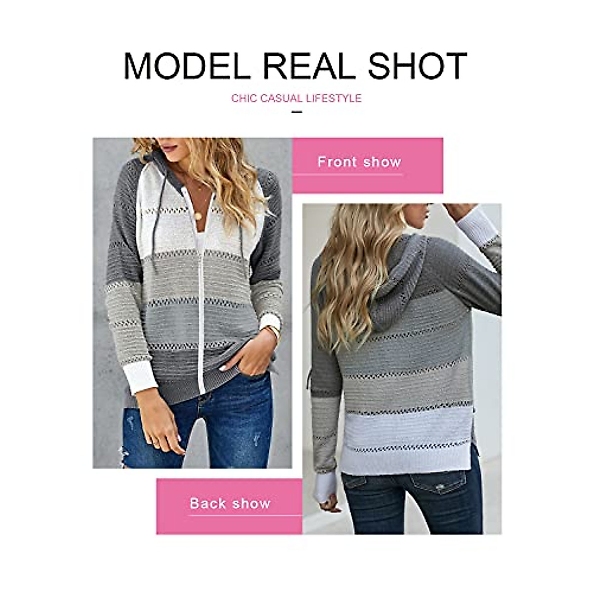 Acelitt Womens Casual Lightweight Long Sleeve Zip up Zipper Striped Knit Sweaters Hoodies Sweatshirts Pullover Jackets Large Gray2