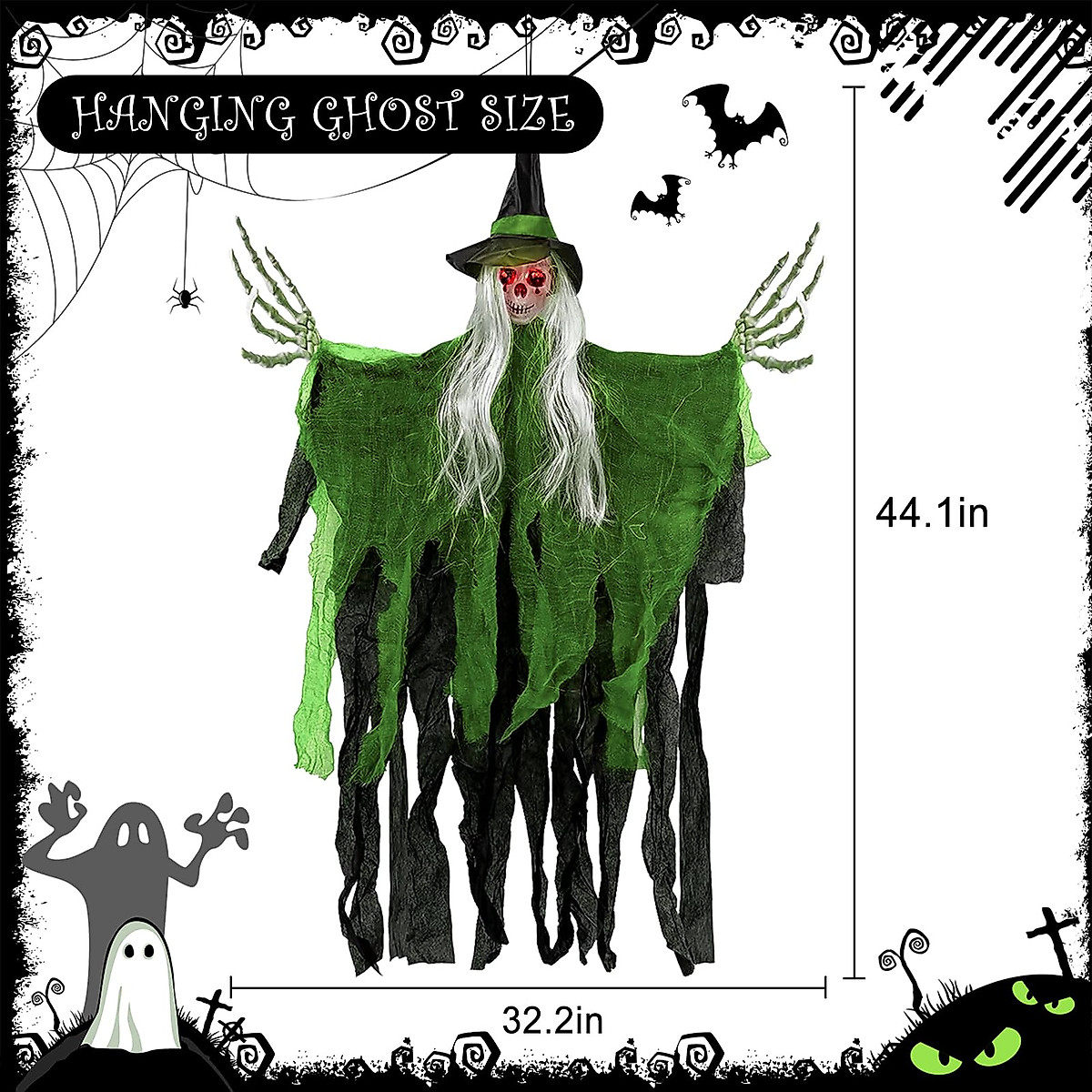 Halloween Hanging Decorations Outdoor - 3 Pack 41" Halloween Hanging Ghost Skeleton with Wizard Hat with Glowing Eyes for Halloween Porch Yard Garden Tree Outside Decorations