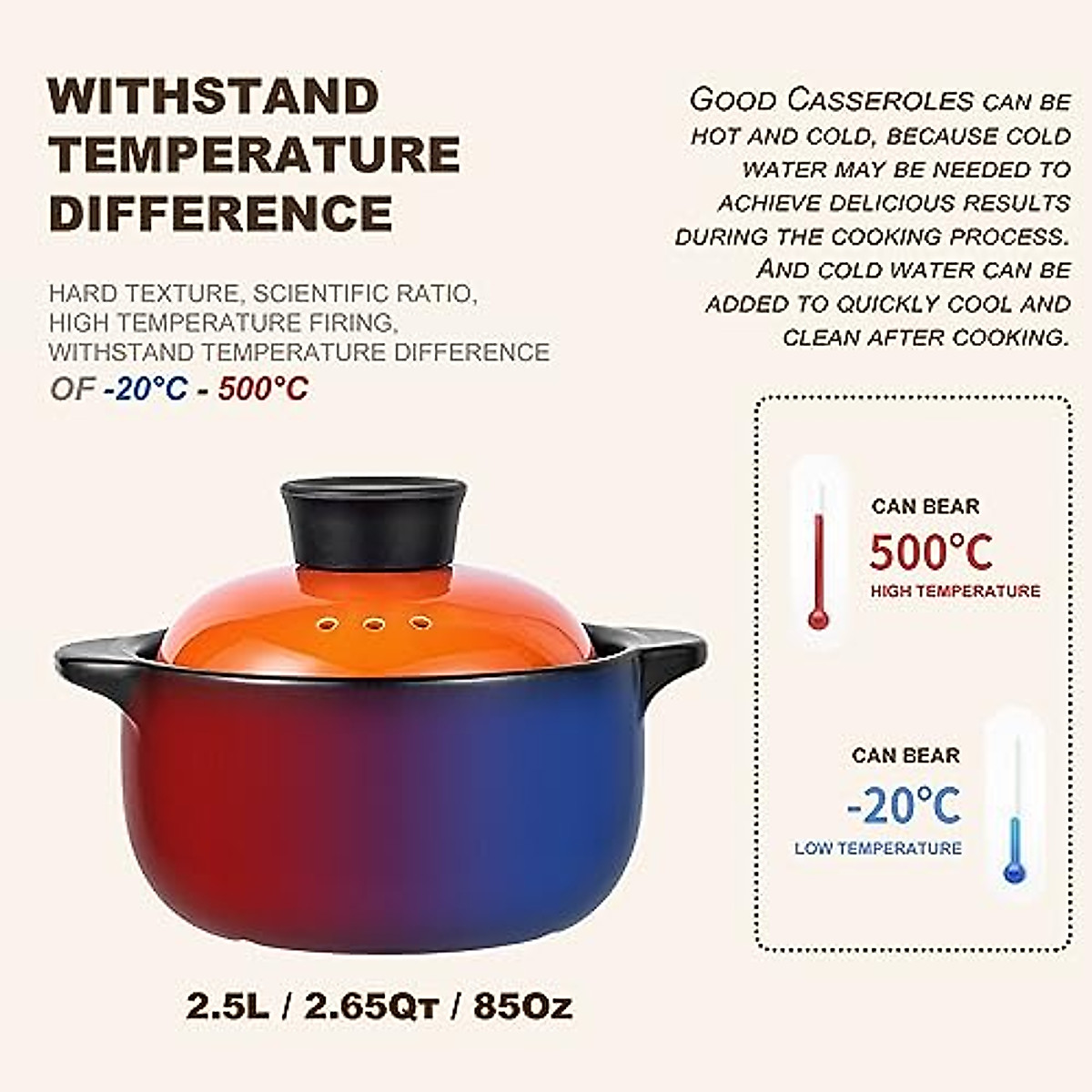Aroplor Casserole Clay Pot Premium Ceramic Bowls With Lid Heat-Resistant Cooking Nonstick Stock Pot Soup Pot Cookware Stovetop Easy To Clean(Orange 2.65Quart,2500ml)2~6 People (Oranger)