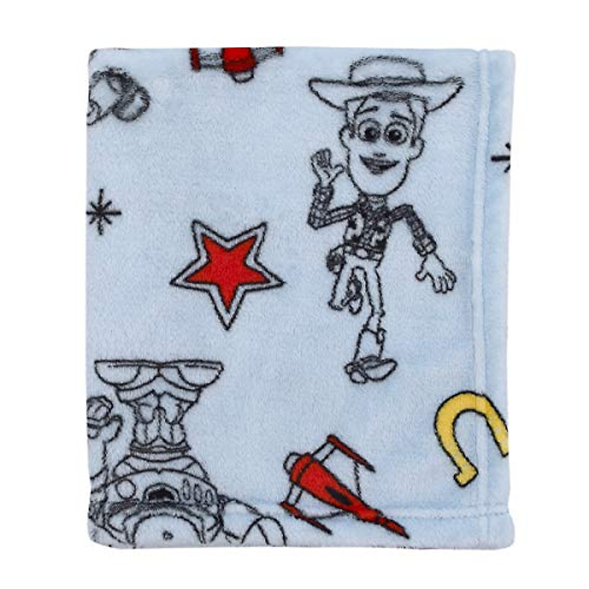 Disney Toy Story 4 Super Soft Blue, Yellow, Red Buzz Lightyear Woody Star Rocket Horse Shoe French Fiber Baby Blanket, Blue, Red, Yellow