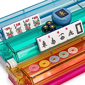 Yellow Mountain Imports American Mahjong Set, Koi Fish with Soft White Leatherette Case, Four Acrylic All-in-One Racks with Pushers, Wind Indicator, Dice, and Wright Patterson Count Scoring Coins