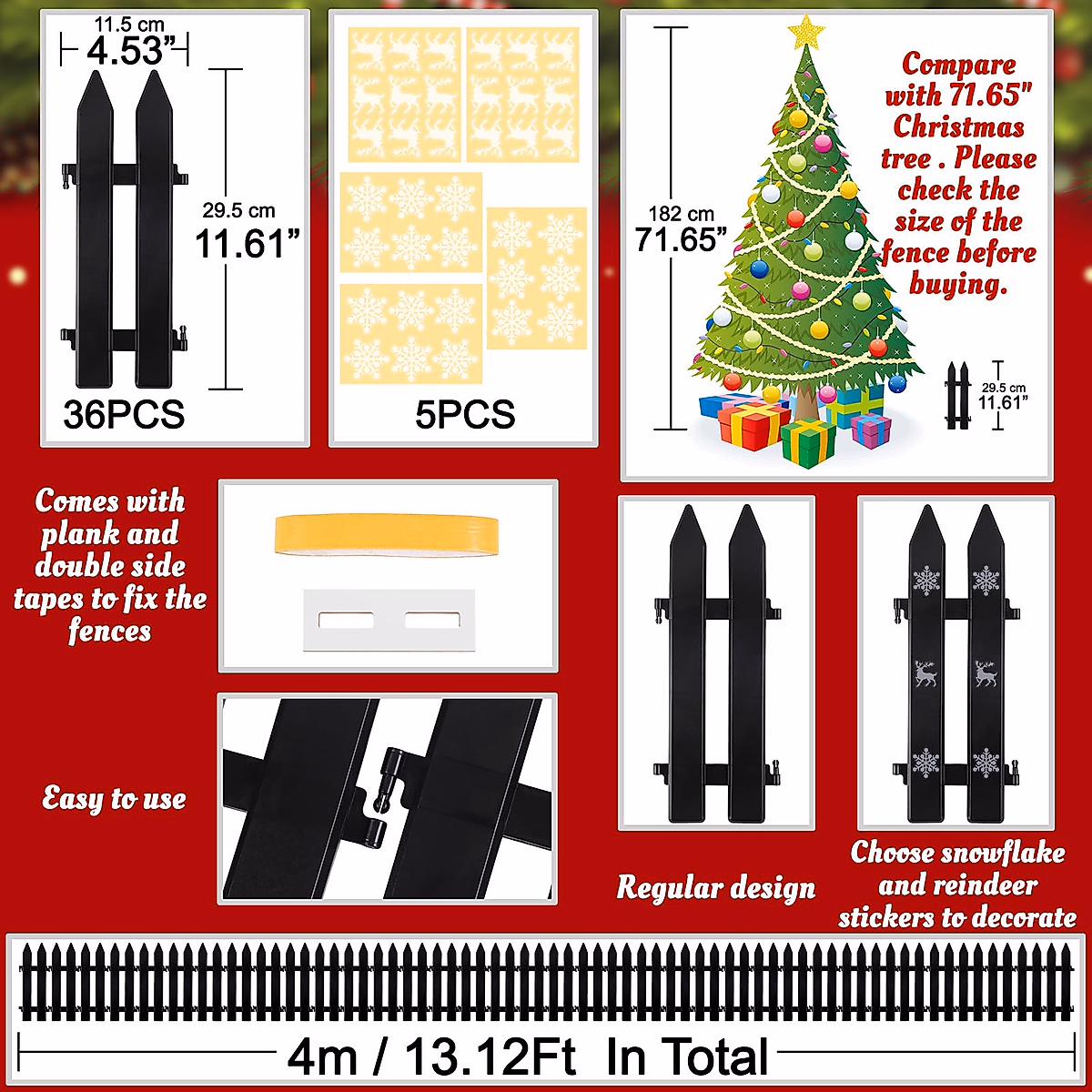 36PCS Christmas Tree Fence Black Decorations - Xmas Indoor Outdoor Gate for Pet Garden Plastic Picket Fences Party Decor (Assembly Needed)
