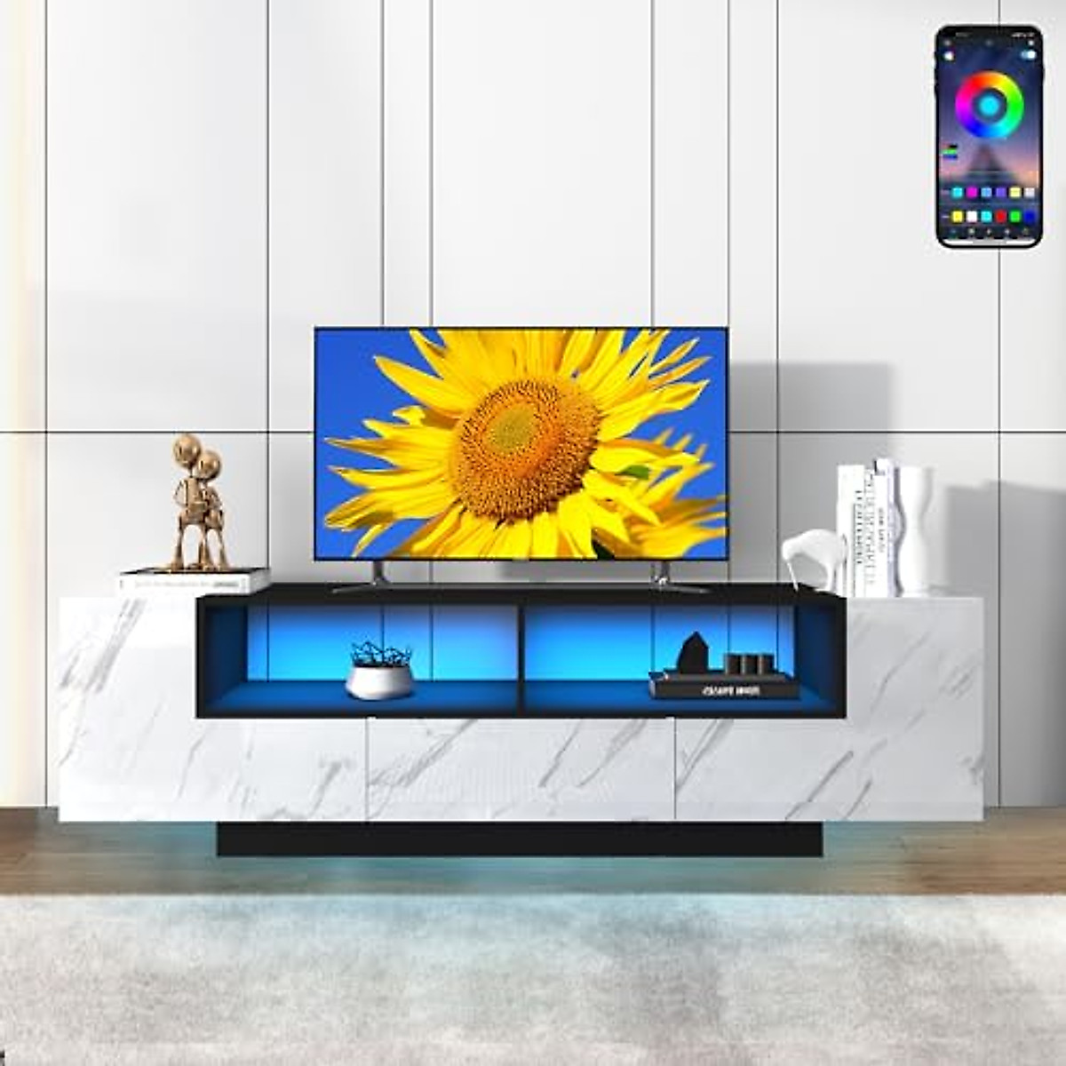 Uspeedy 70in White TV Stand for 75/80 inch TV,Modern LED TV Stand,High Gloss Entertainment Center with Large Storage Drawer,APP RGB Light,TV Console,Television Stands for Living Room(Marbling)