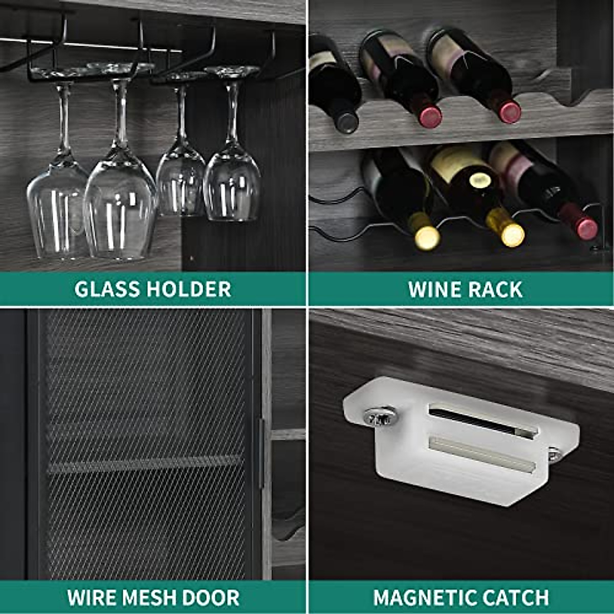 YITAHOME Industrial Sideboard Buffet Cabinet w/Wine Rack, Glass Cups Holder, Rustic Wine Cabinet Bar Cabinet Mesh Door for Liquor and Glasses, Liquor Cabinet Bar for Home (55 Inch, Dark Oak)