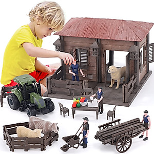 Lucky Doug Farm Animal House Toys Playset for Kids Toddlers Ages 3-8, 122 PCS Building Toys Farmhouse Figures Pretend Play Set with 3 Animals, 4 Figures, A Tractor, 11" L x11 W x 8" H