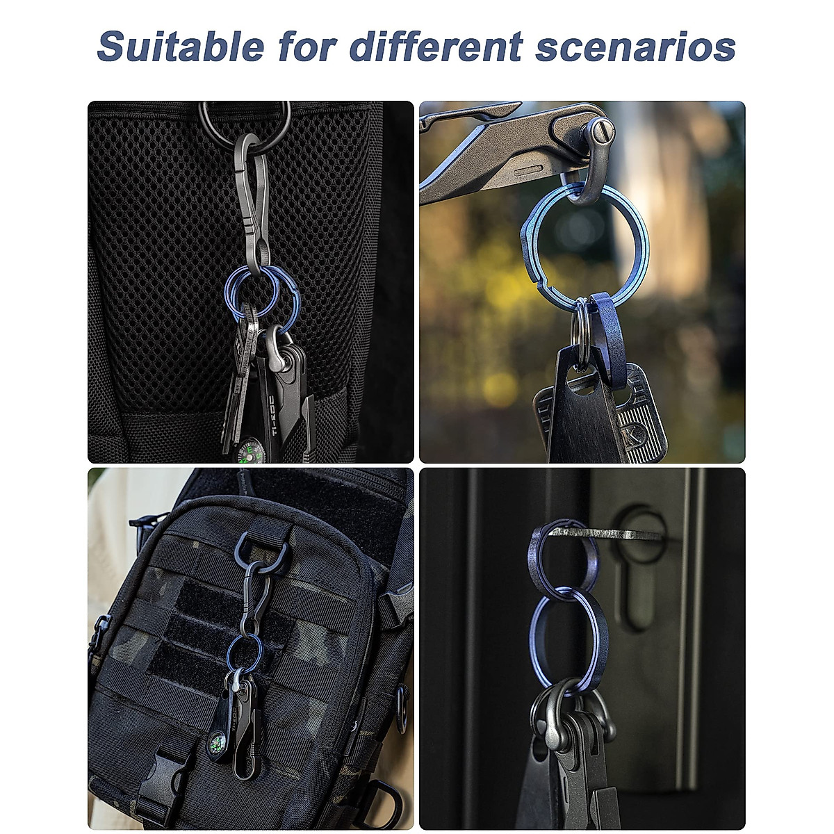 TISUR Titanium Key Ring,Elegant Quick Release Side Pushing Split Rings Kit-5Psc for Keychains,Heavy Duty Keyring for Dog Tag(Blue, K27+4K22)