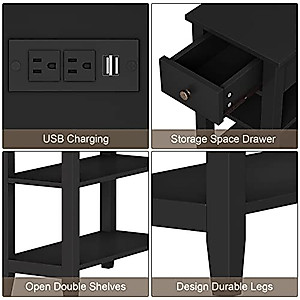 ChooChoo Narrow End Table with Charging Station, Side Table Living Room with USB Ports & Power Outlets and Hidden Drawer, 3-Tier Skinny Nightstand with 2 Open Storage Shelves for Small Place (Black)