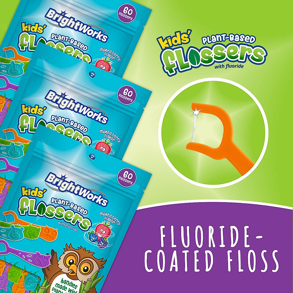 BrightWorks Kids’ Mixed Berry Dental Flossers [180 Floss Picks], plant-based handles, Colorful Animals add Fun to Support Healthy Habits, Easy-Grip Handle, Fluoride-Coated Floss. 60 count (Pack of 3)