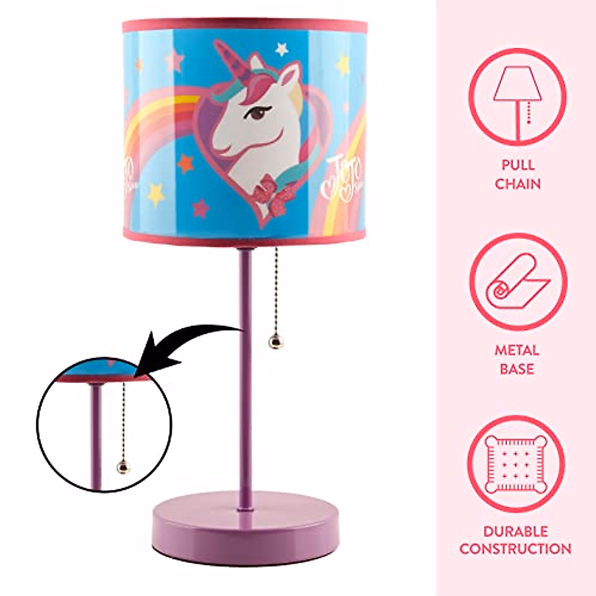 Idea Nuova JoJo Siwa Unicorn Stick Table Kids Lamp Metal with Pull Chain, Themed Printed Decorative Shade