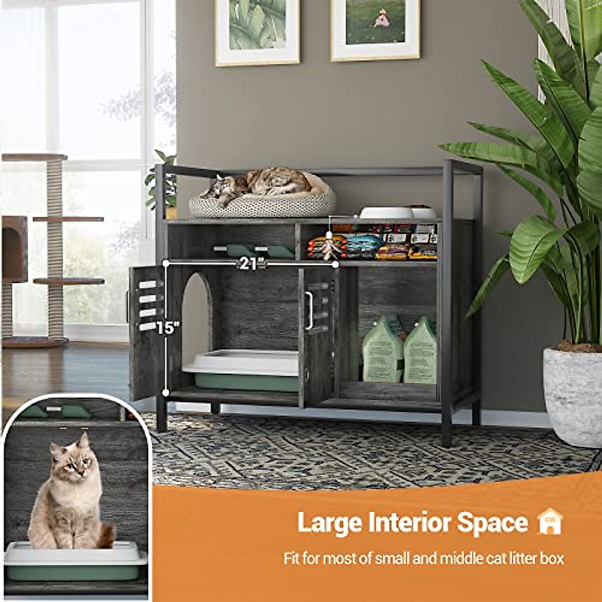 Homieasy Litter Box Enclosure, Cat Litter Box Furniture Hidden, Cat Washroom Cabinet with Lockable Louvered Door and Cat Scratch Pad, Black Oak