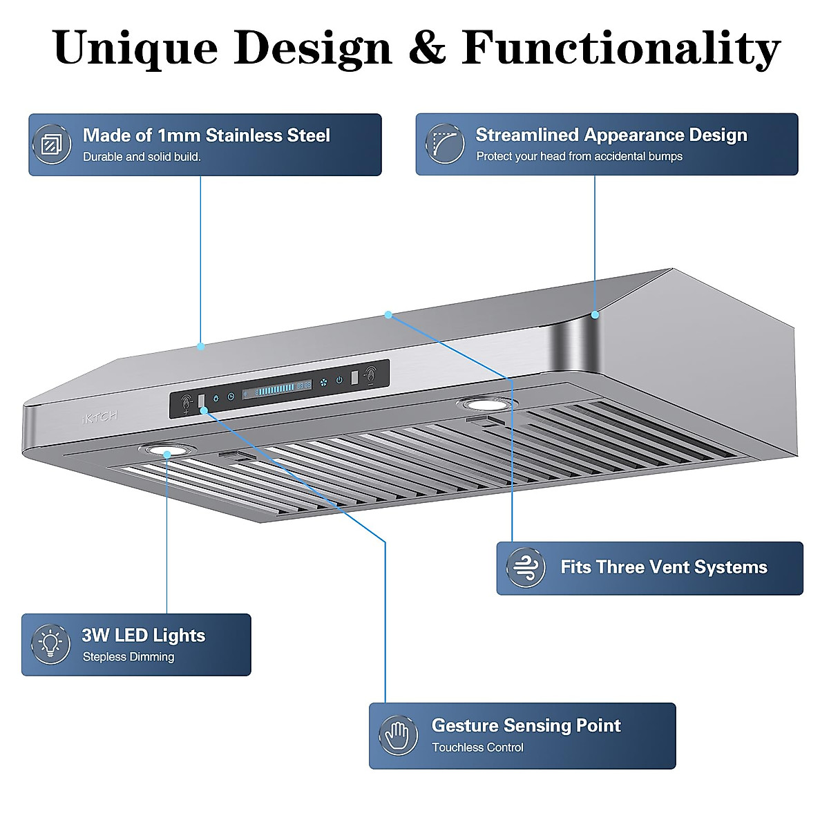 IKTCH 30 Inch Under Cabinet Range Hood, 900 CFM with 4-Speed Gesture Sensing & Touch Control, Stainless Steel Range Hood
