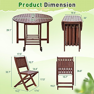 Greesum 5 Piece Patio Dining Set Outdoor Acacia Wood Furniture All-Weather Folding Round Table and Chairs for Backyard,Balcony,Porch,Deck,Garden, Dark Brown