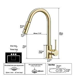 BESy Gold Single Handle Kitchen Sink Faucet with Pull Out Sprayer,Rv Kitchen Faucet with Pull Down Sprayer, 2 Function Laundry Faucet, Brass/Brushed Gold(1 or 3 Hole Mount)