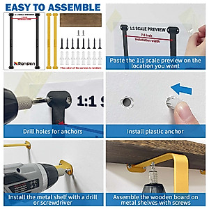 Ranslen Towel Racks Organizer for Bathroom Wall Mounted,Metal Towel Rack with Wooden Shelf and 2 Hooks,Black Storage Holder Organizer for Large/Small Towels,Hand Towels,Washcloths,Spa,RV,Matte Golden