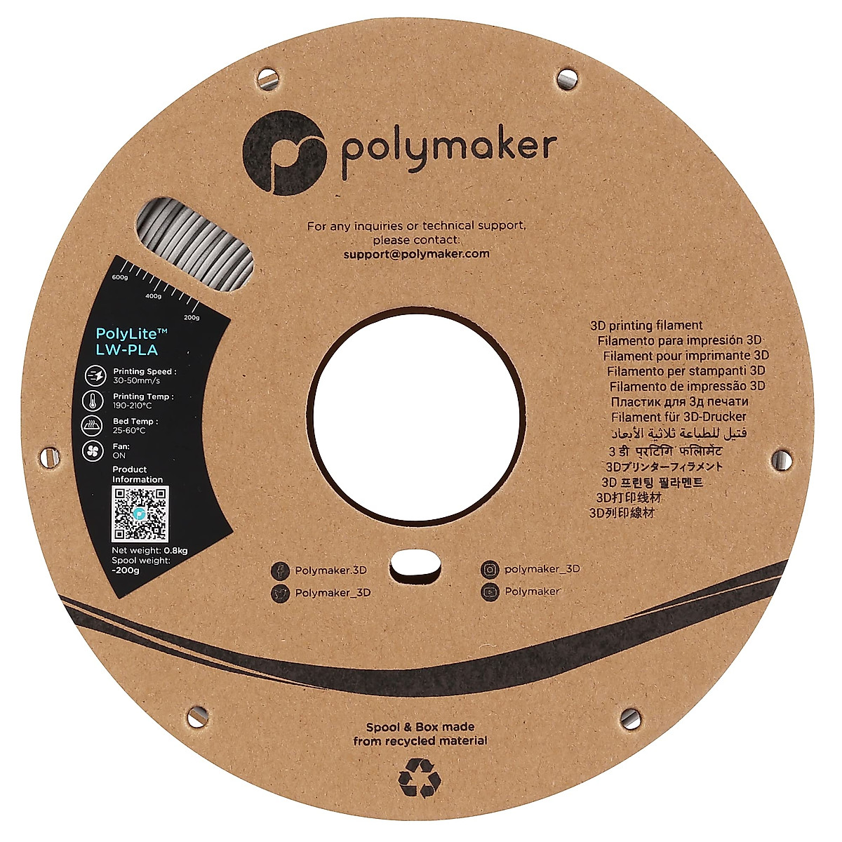 Polymaker LW PLA Filament 1.75mm Gray, Pre-Foamed PLA 800g Lightweight 3D Filament - PolyLite 3D Printer LW-PLA for Printing RC Plane, 190-210 °C Printing Temp. | High Rigidity | Easy to Paint