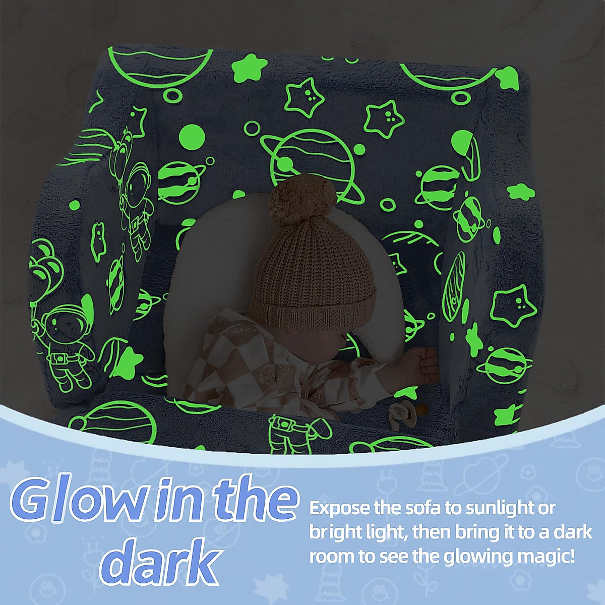 MeMoreCool Toddler Fold Out Chair for Girls Boys, Glow in Dark Comfy Folding Baby Couch Convertible to Lounge, Flip Out Kids Soft Plush Recliner for Childrens Playroom (Glowing Astronaut)