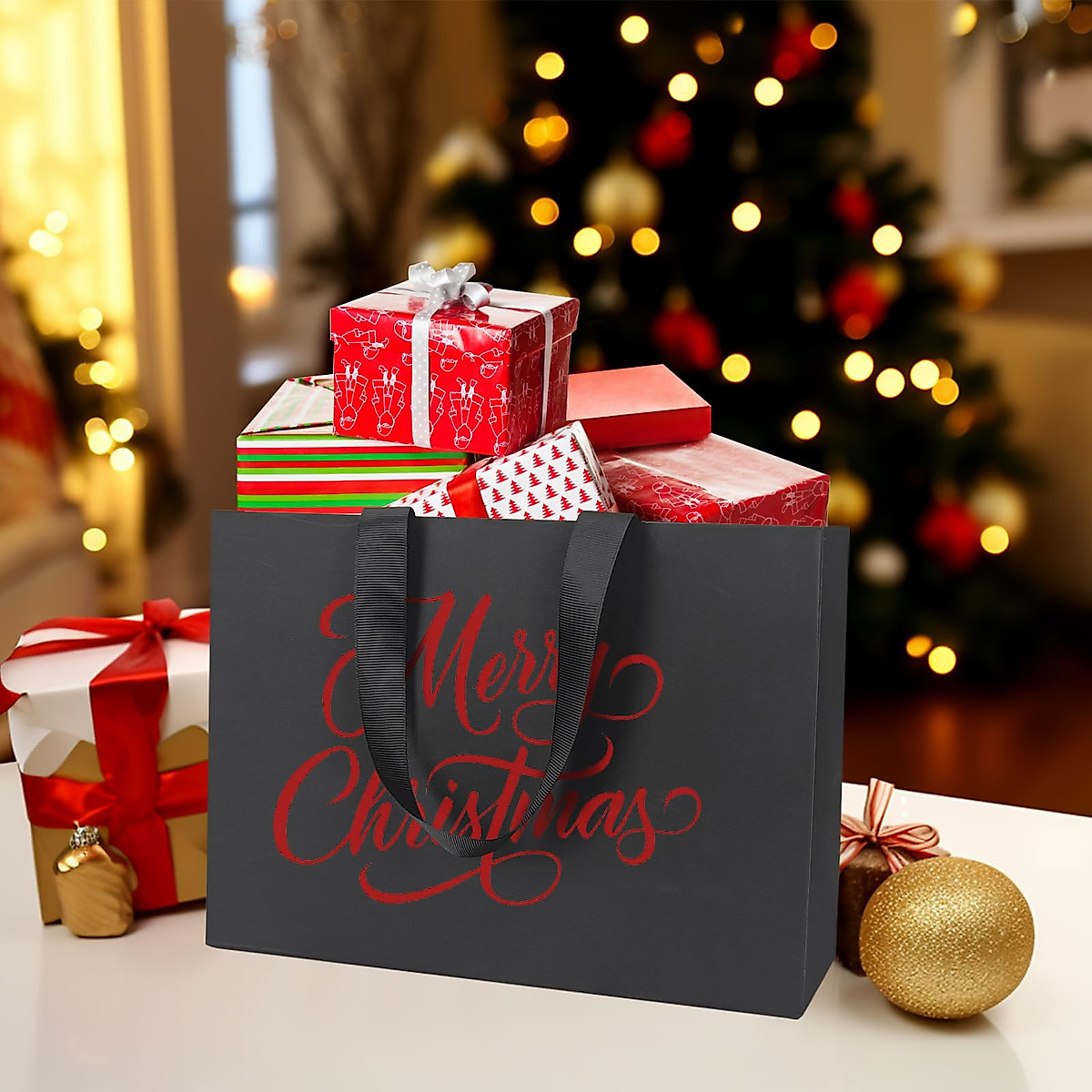 Xloey Black Gift Bags with Handles,6 Pcs Large Black Gift Bags,Black Kraft Paper Shopping Bags with Ribbon Handles,for Merchandise Business,Retail,Wedding,Christmas,Party