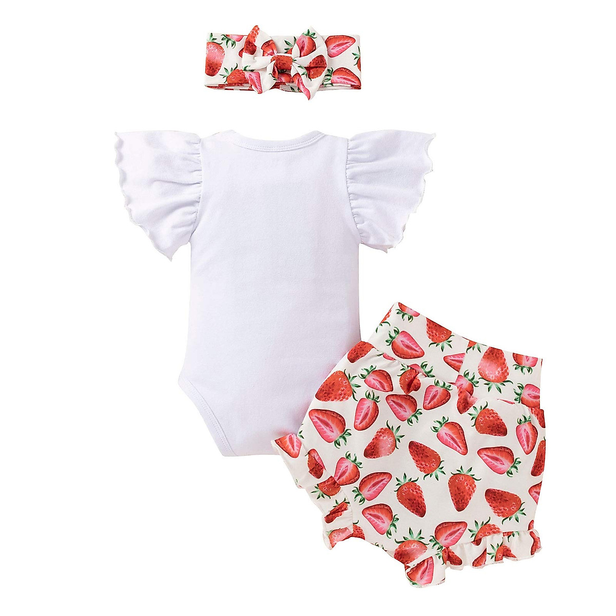 Newborn Baby Girls Clothes Strawberry Ruffles Sleeves Summer Romper Floral Bottoms Shorts Headband 3pcs Outfits Set Infant Girl First Birthday Coming Home Outfits Pants Set Red Strawberry 9-12 Months
