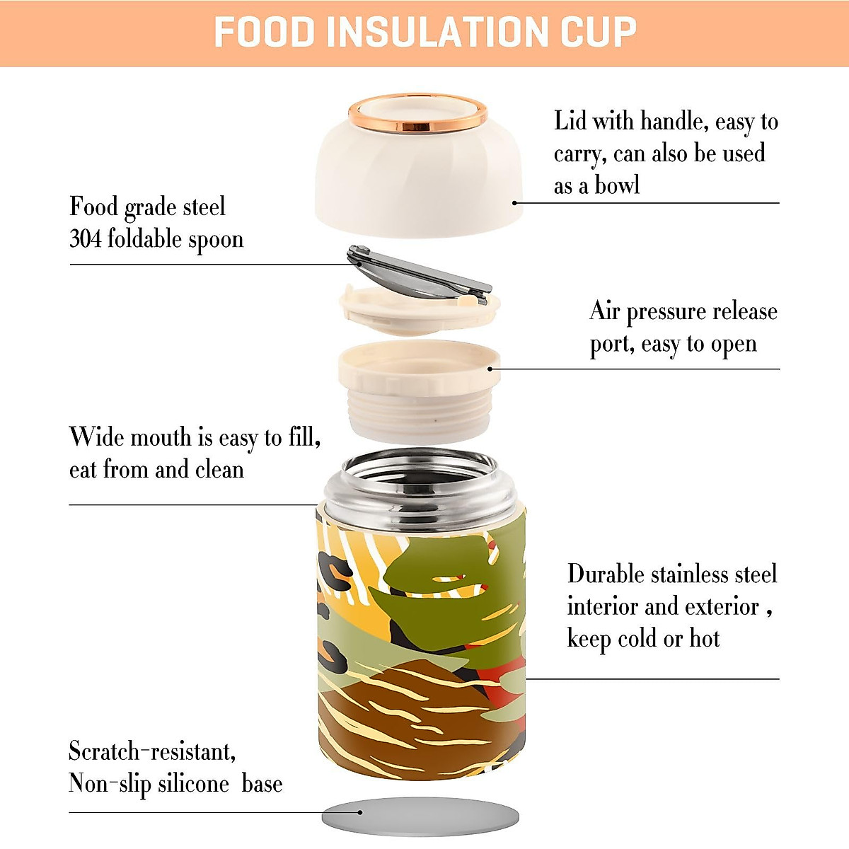 CUPADA Tropical Leaves Food Jar for Hot and Cold, Leopard Skin Insulated Food Jars Vacuum 17OZ with Folding Spoon for Work Trip Picnic Camping