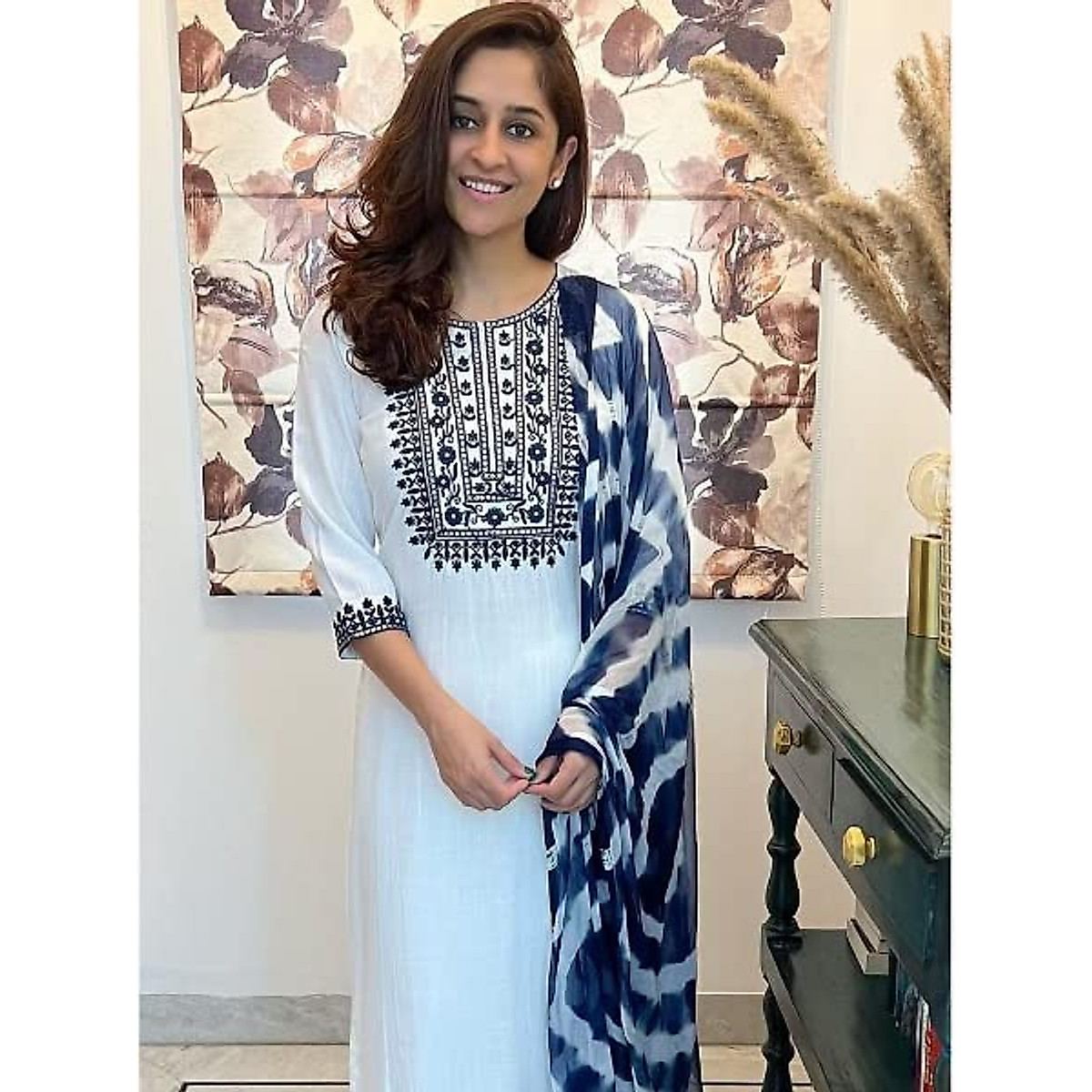 RoohVastra White colored traditional embroidered kurti pent set for women 340 (White, 40)