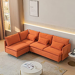 JULYFOX Orange L Sectional Couch Sofa, Mid Century Modern Corner Sectional Sofa with Chaise Armrest Throw Pillows 91 in Wide for Small Spaces