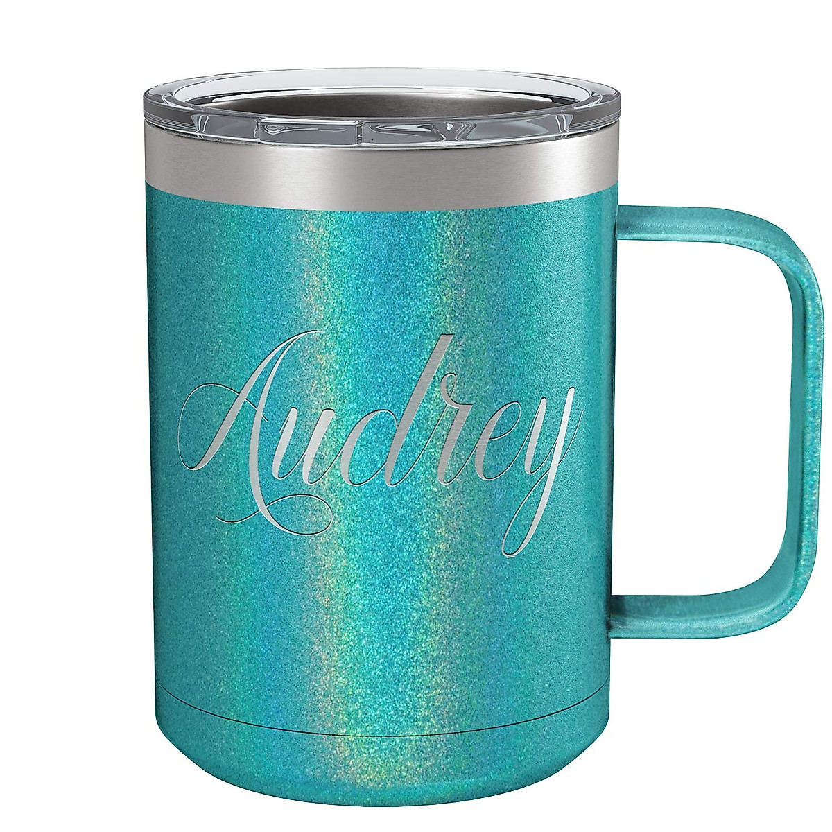 Personalized Coffee Mug Seafoam Glitter 15 oz with Lid and Handle Custom Engraved Gift Stainless Steel Vacuum Insulated Cup