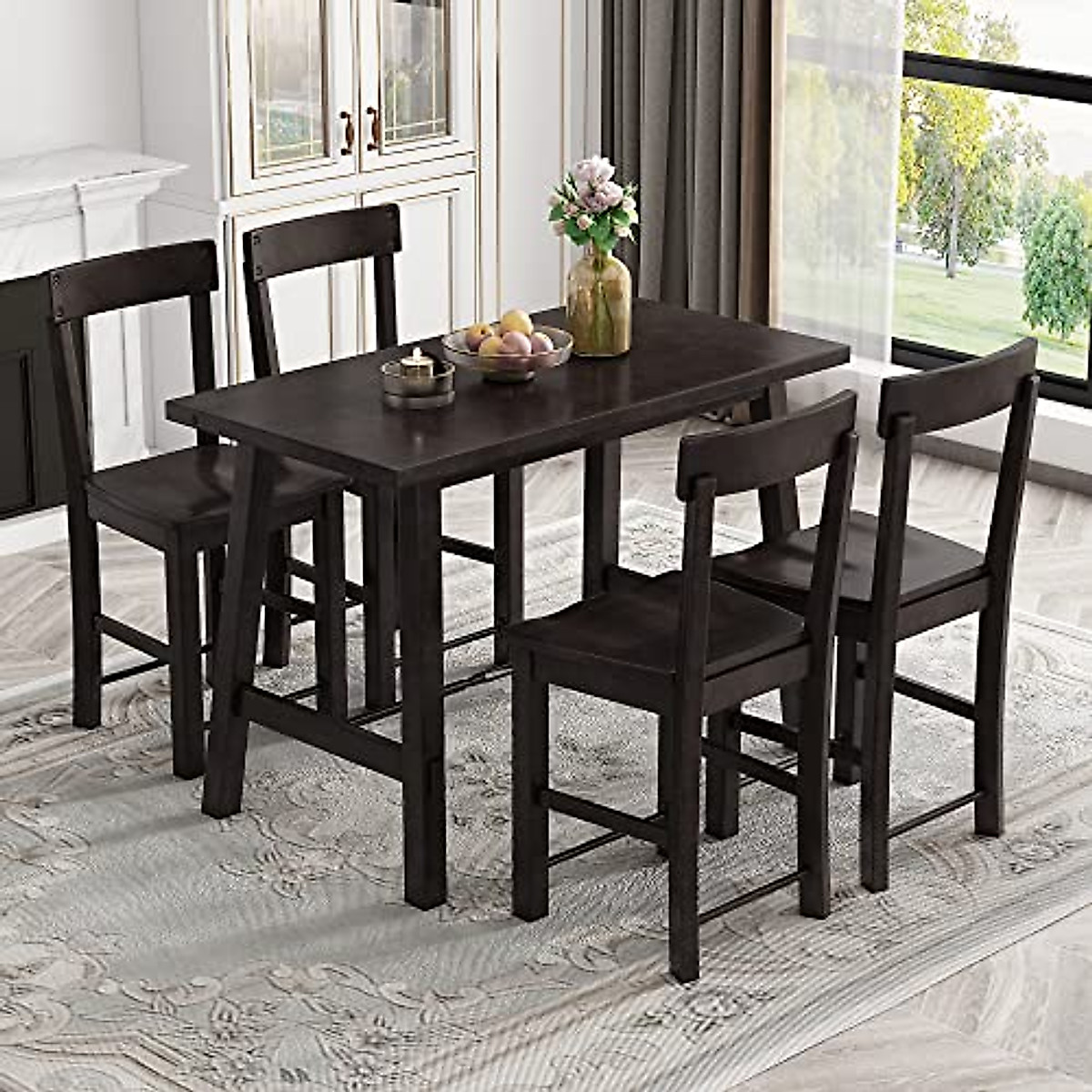 Dinehome 5-Piece Counter Height Dining Set, Minimalist Industrial Style Wood & Metal Table with 4 Chairs for Small Space, Espresso