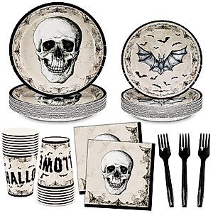 DYLIVeS Halloween Party Supplies Kit, Halloween Skull Bats Disposable Tableware, Includes Dinner Plates, Dessert Plates Napkins Cups Forks, Halloween Birthday Party Decorations Adults, Serve 24