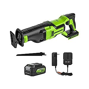 Greenworks 24V Brushless (1-1/8") Cordless Reciprocating Saw (2,7000 SPM), 4.0Ah Battery and Compact Charger Included