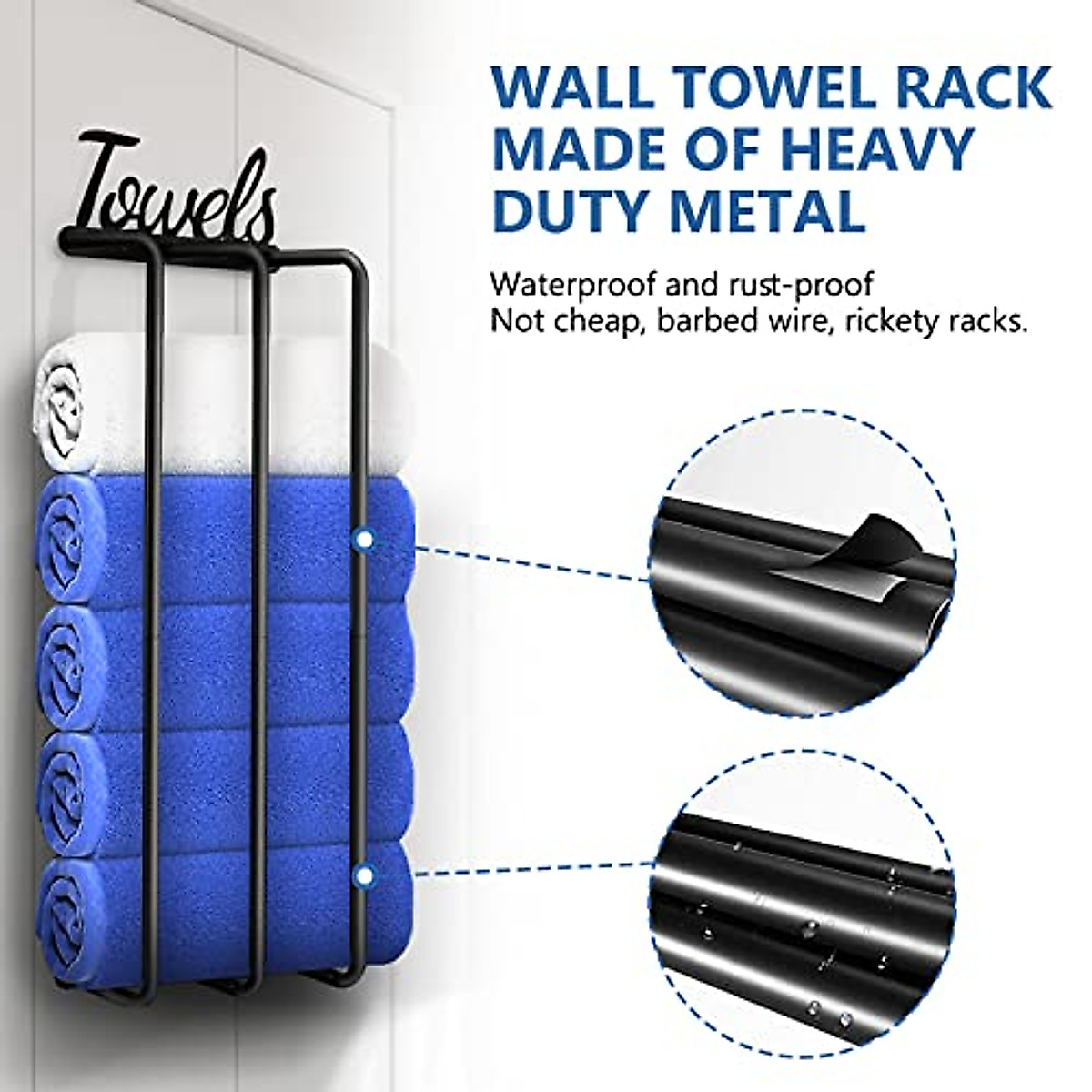 NOSTHEART Wall Towel Rack for Rolled Towels, Upgraded 3 Bar Towel Racks for Bathroom Wall Mounted, Bathroom Towel Storage, Stainless Steel Bath Towel Holder, Washcloths Bathroom Organization (Black)